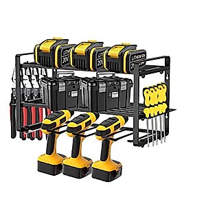 Power tool storage rack, drill rack Wall mounted, Heavy Duty Garage tools Power tool storage, utility for cordless drill in tool room garage, 3-story 120 lb limit, black（17"D x 9.45"W x 8"H Inch）