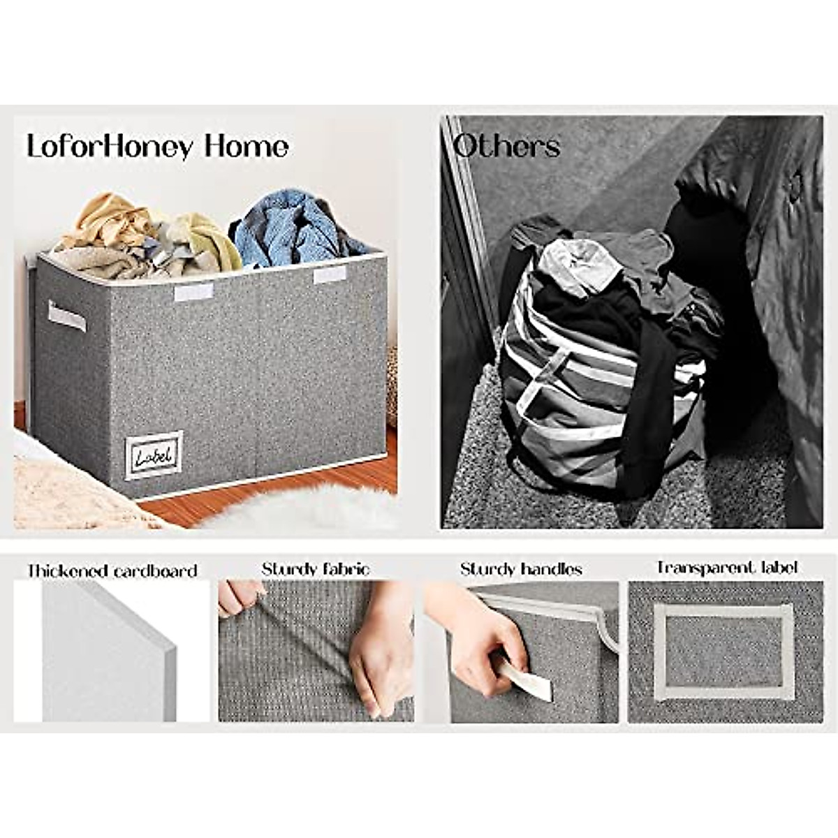 LoforHoney Home Large Storage Bin with Lid, Foldable Laundry Basket with Durable Handles, Double Laundry Hamper with Divider, Fabric Storage Bin with Lid for Clothes, Canvas Storage Bin with Lid for Organizing, Laundry Basket Organizer, Dark Gray