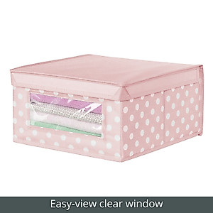 mDesign Medium Soft Stackable Fabric Baby Nursery Storage Organizer Holder Bin Box with Front Window and Lid for Child/Kids Bedroom, Playroom, Classroom - 4 Pack - Pink/White Polka Dot