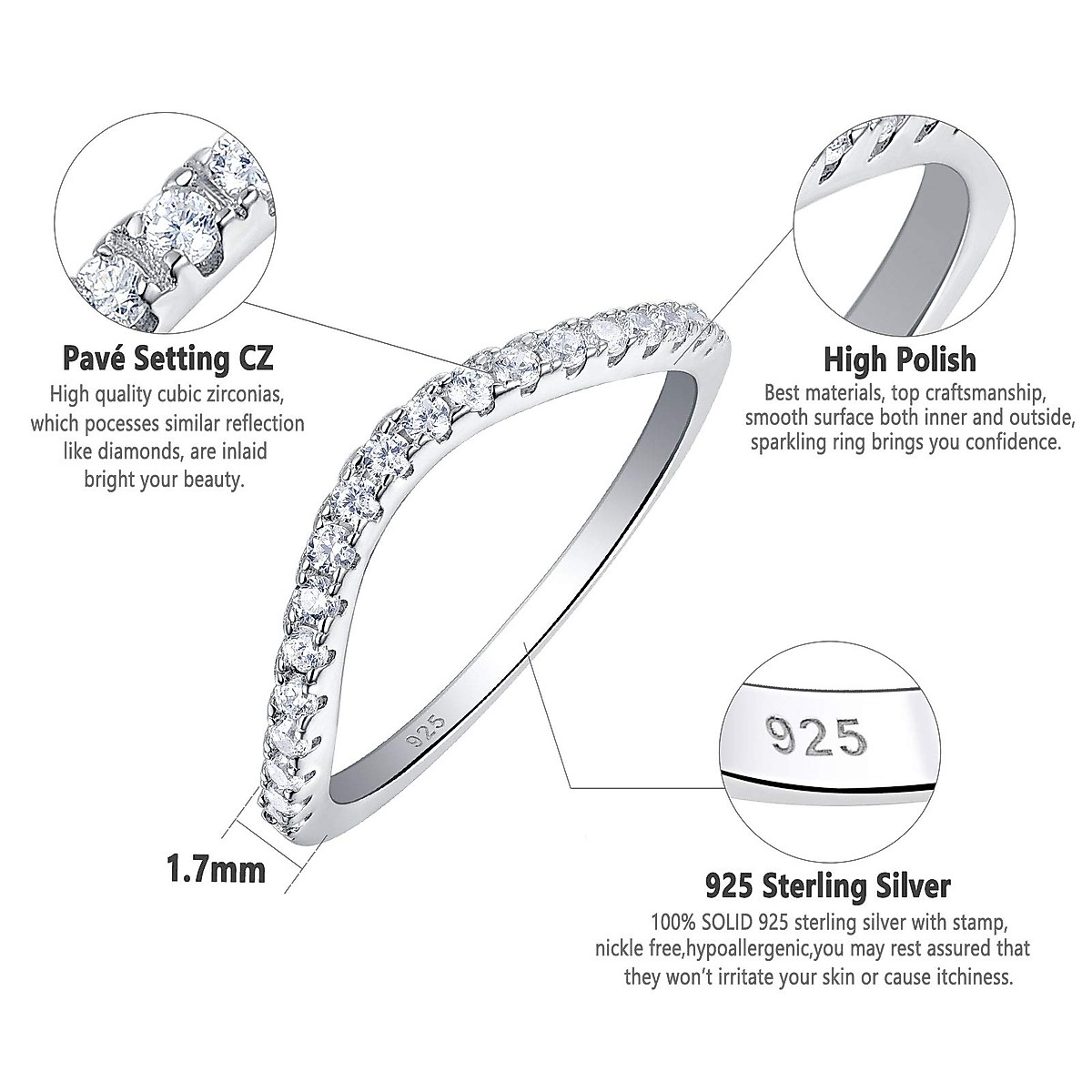 Newshe Jewellery Curved Wedding Bands for Women AAAAA Cz Stacking 925 Sterling Silver Eternity Rings Wishbone Size 7