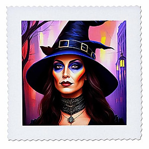 3dRose Stylish Witch Beauty in a Magic hat. Fantasy City. Halloween... - Quilt Squares (qs-378873-2)