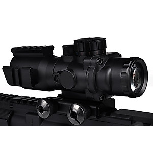 Ozark Armament Flip Up Backup Iron Sight & 4X Magnified Rifle Scope Bundle - Red, Blue, Green Illuminated Reticle for Use in All Light Condition - Mount to Any Picatinny Rail - All Metal Construction