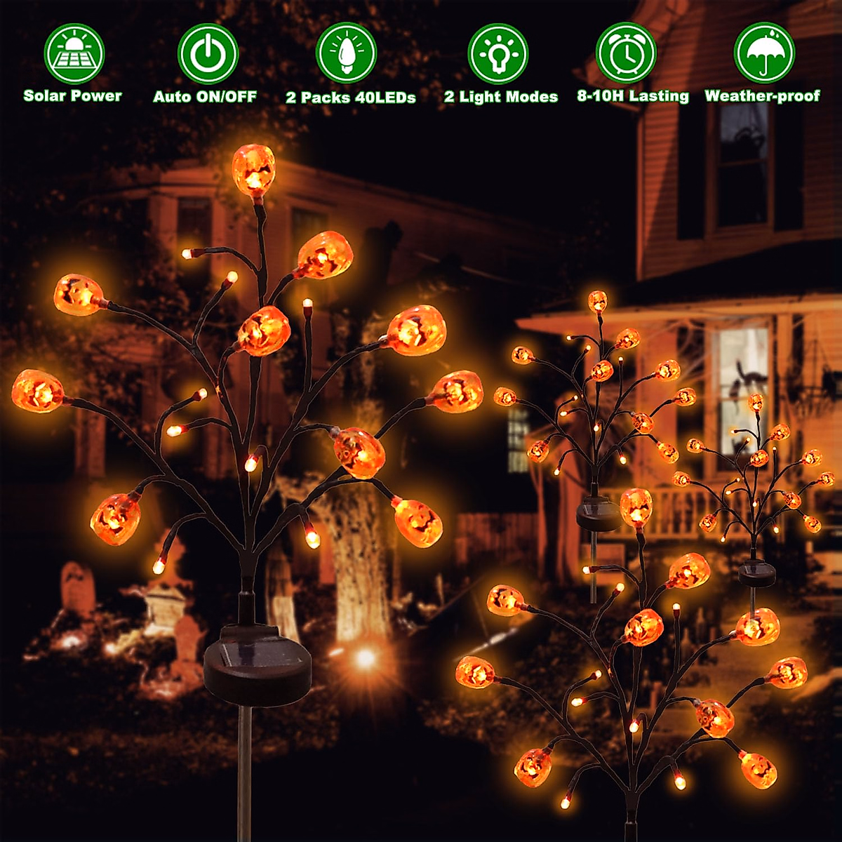 2 Packs 40LED Solar Halloween Pumpkin Stake Lights, 2 Modes Orange Pumpkin Halloween Lights, Waterproof Halloween Pumpkin Decorations for Halloween, Thanksgiving Fall Garden Yard Pathway Walkway