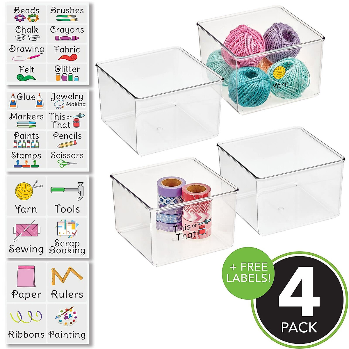 mDesign Stackable Plastic Craft, Sewing, Crochet Storage Container Box with Handles- Compact Organizer Bin, Holder for Thread, Beads, Ribbon, Glitter, Clay - 4 Pack, Includes 32 Labels - Clear