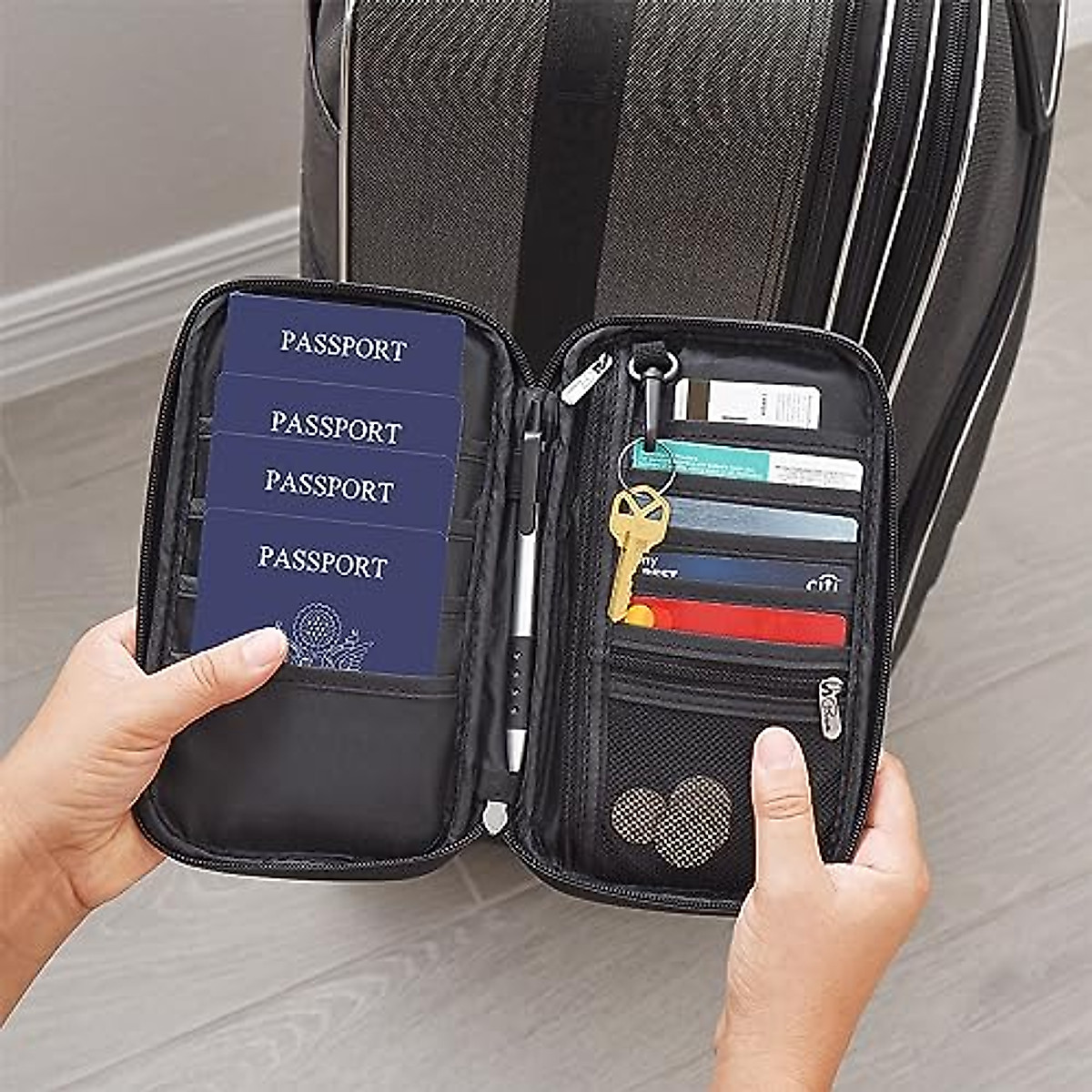 Large Family Passport Holder for 4 | Multiple Passport Holder Family 4 | Travel Document Organizer w/RFID Blocking, Removable Wrist Strap & Crossbody | Travel Airplane Essentials, Vacation Must Haves