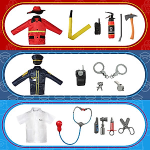 3 Sets Kids Dress up Pretend Play Costumes for Kids Age 3-7, Role Play Fireman Police Doctor Dress up Clothes for Boys Girls Toddler Role Accessories