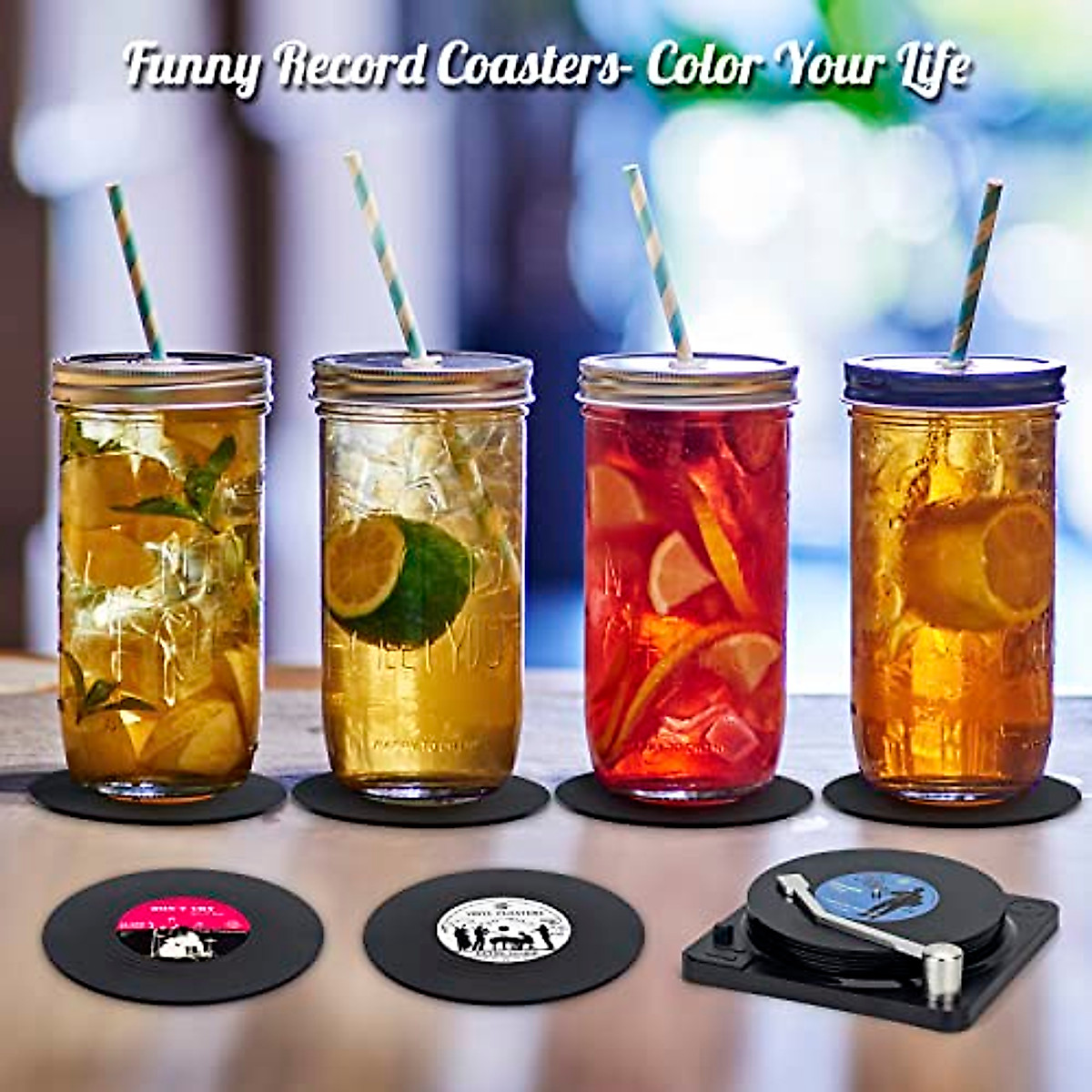 Funny Retro Vinyl Record Coasters with Player and Unique Labels, Valdivia Music Coasters Set of 6 with Gift Box, Gifts for Music Lovers, Coasters for Drinks, Bars, Cafes, Home, Party, Office