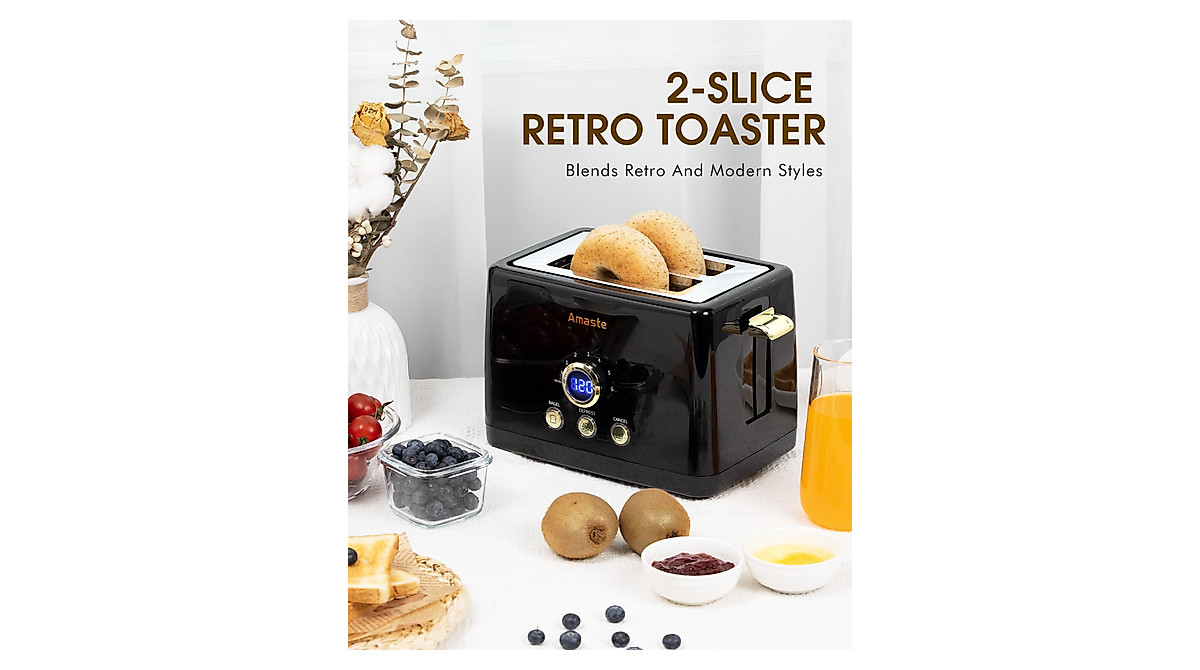 Retro 2 Slice Toaster with LED Timer & Wide Slots | Amaste