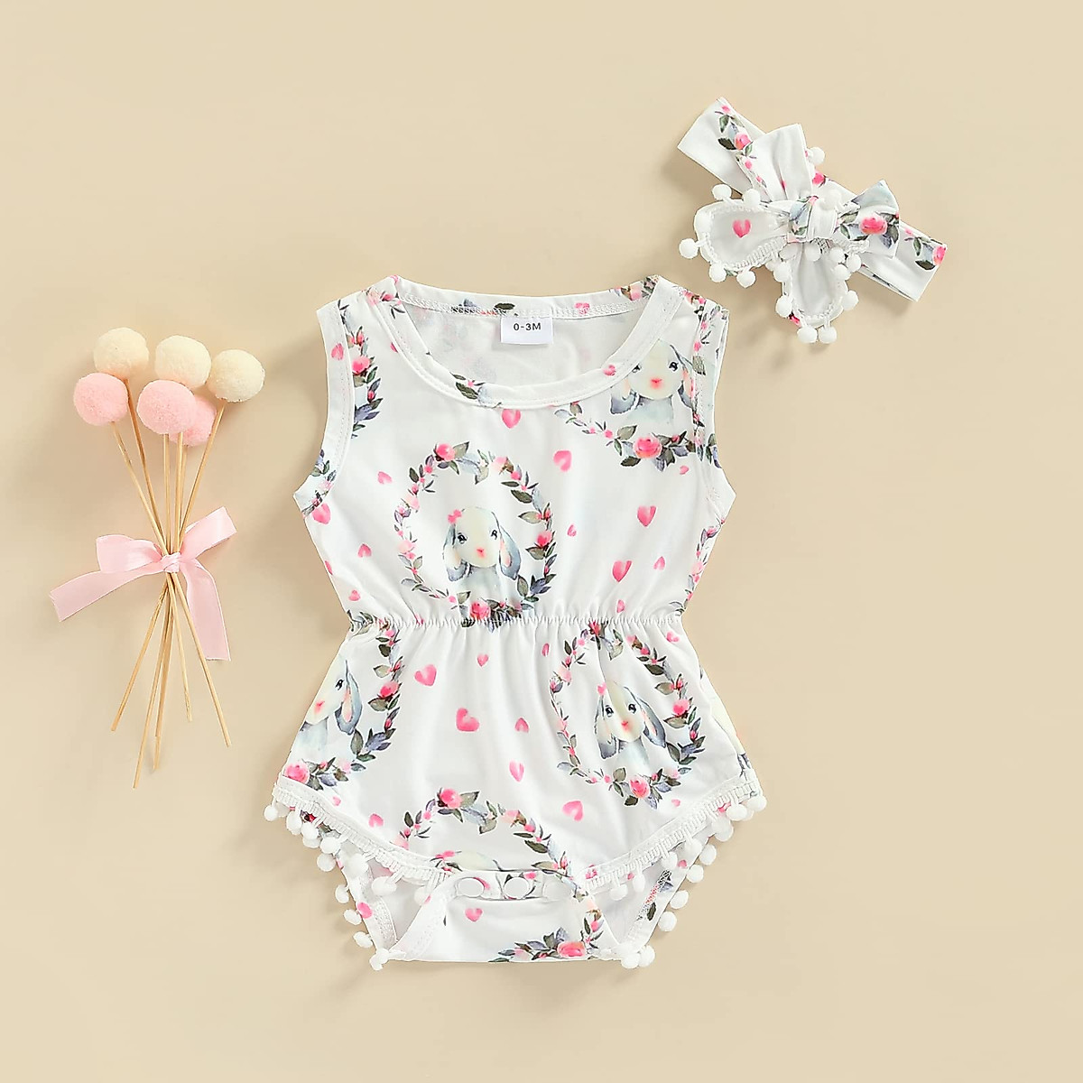 Dcohmch Easter One-Piece Outfits Newborn Baby Girl Sleeveless Cute Rabbit Printed Romper Bodysuit Bunny Print Clothes 0-12M