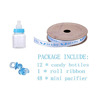12 Pack Candy Bottles 10 Yards Ribbon and 48 Pack Acrylic Mini Pacifiers for Baby Shower Party Favors Decorations and Supplies by WeddParty (Blue A, 12)