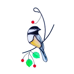 Lolitarcrafts Chickadee Stained Glass Suncatcher Bird Stained Glass Window Hangings for Window Decoration