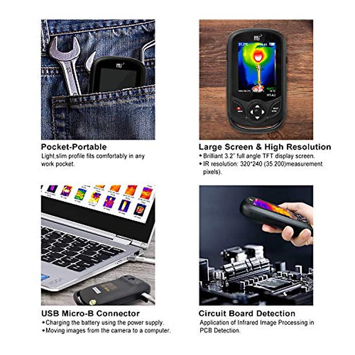 320 x 240 IR Resolution Thermal Camera, Pocket-Sized Infrared Camera with 76800 Pixels Real-Time Thermal Image, Temperature Measurement Range -4°F to 572°F, Mini IR Thermal Imager, Hti-Xintai