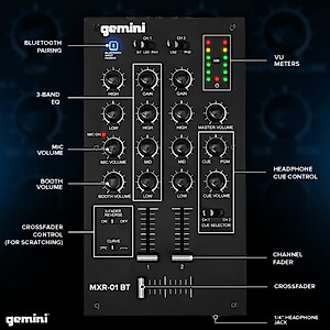 Gemini Sound MXR-01BT Professional Bluetooth 2-Channel DJ Mixer 3-Band EQ and Gain 2 Phono/Line Stereo Channels Crossfader Curve and Reverse Switches Microphone Input Headphone Output Master Outputs