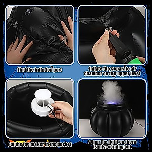 Jenaai 22" Inflatable Halloween Black Cauldron Pot with LED Mister Fogger Maker Changing Light Witches Cauldron Candy Bucket Beverage Bowl for Party Trick or Treat Halloween Decor