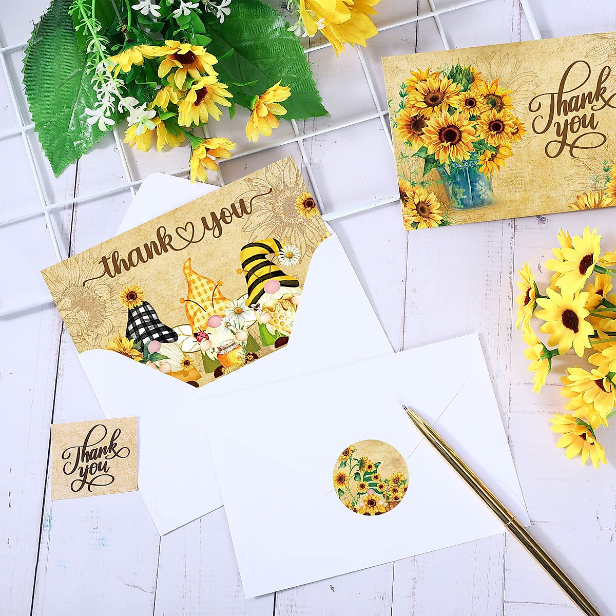 Whaline 36 Pack Sunflower Thank You Cards Vintage Spring Summer Flower Truck Notes with Stickers Envelopes Retro Floral Blank Cards for Baby Shower Wedding Birthday Bridal Shower Party