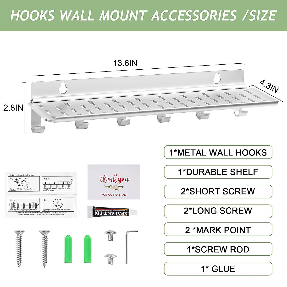 Wall Hooks with Shelf, Small Rustic Wood Key Rack with 6 Hooks, Metal Coat Rack with Shelf Wall-Mounted, Entryway Hanging Shelf, Organizer for Living Room Bedroom Bathroom Office Home Decor(Silvery)