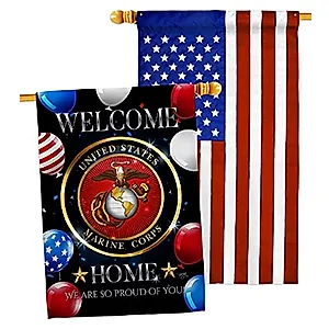 Welcome Home Marine Corp House Flag - Pack Armed Forces Corps USMC Semper Fi United State American Military Veteran Retire Official USA Applique - Banner Small Garden Yard Gift Double-Sided 28 X 40