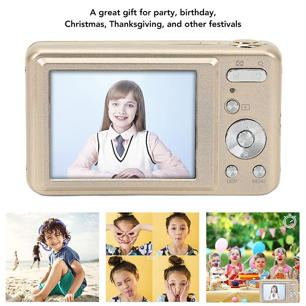 Portable Digital Camera, 48MP HD Digital Camera with 2.7in Screen and 8X Zoom, Vlogging Camera for Children Beginners, Supports 32GB Storage Expansion (Gold)
