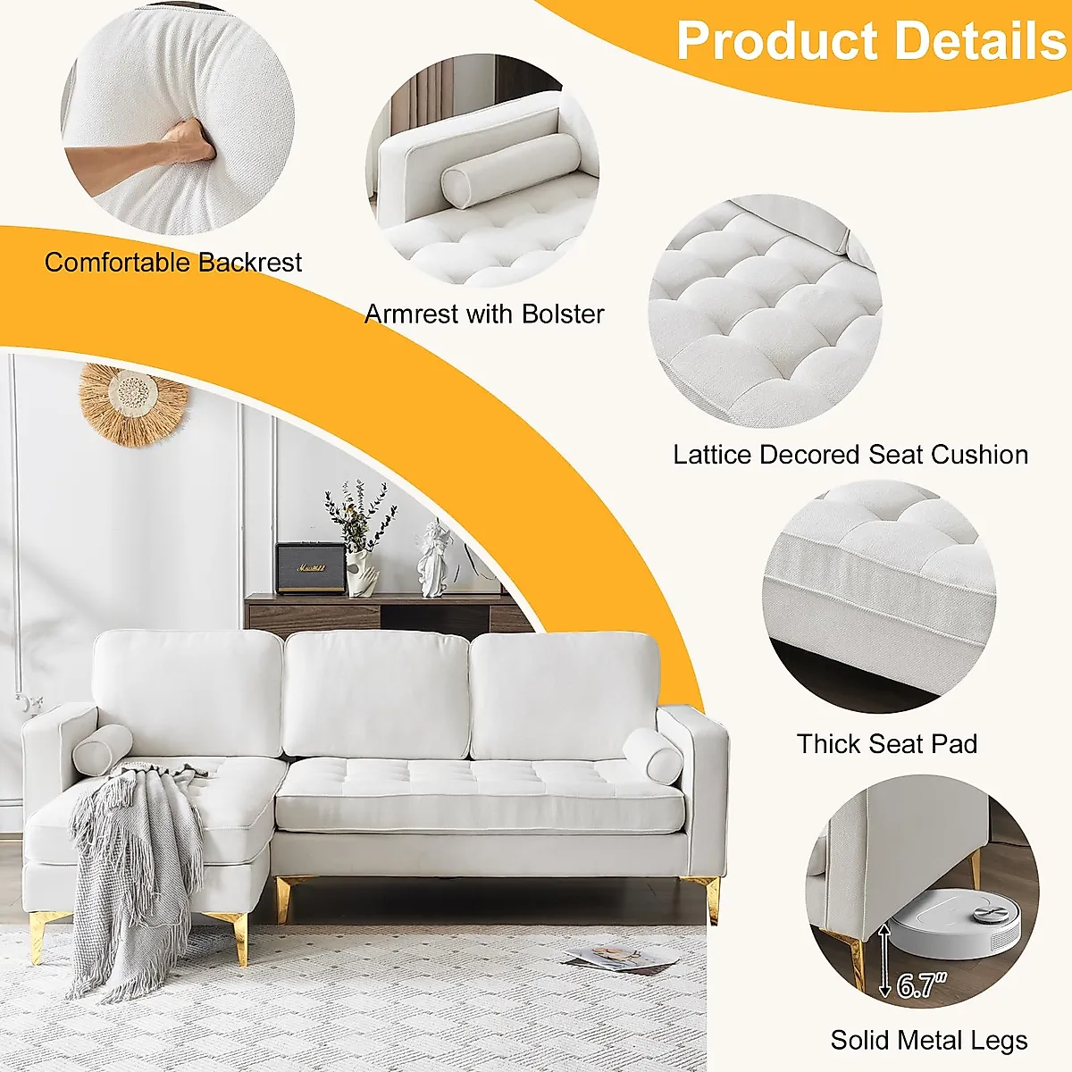 voqoomkl 85" Burlap Fabric Sectional Sofa Couch with Reversible Chaise, L-Shape Couch with Bolster Pillows and Metal Legs, 3 Seats Modular Sofa for Living Room Apartment Small Space, Beige