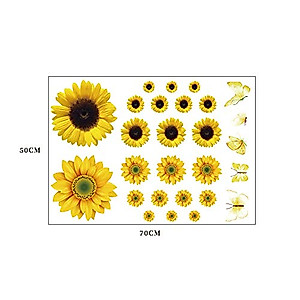 Sunflower Wall Stickers with 3D Butterfly Wall Sticker, Gold 3D Butterfly Metallic Wall Stickers, Removable Yellow Flower Wall Decals Waterproof Sunflower Decor Mural, for Nursery Baby Kids Bedroom