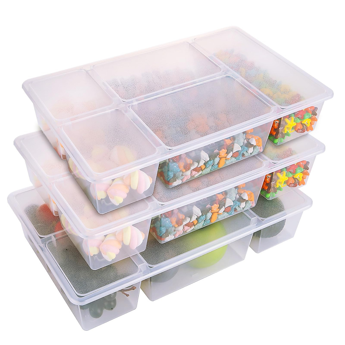 EATHEATY 3 Pack Divided Veggie Tray with Lid, 5 Compartment Plastic Snackle Box Container Salad Bar Container for Fridge, Tray Travel Food Storage Containers for Snack, Fruit, Vegetable, Salad, Meat