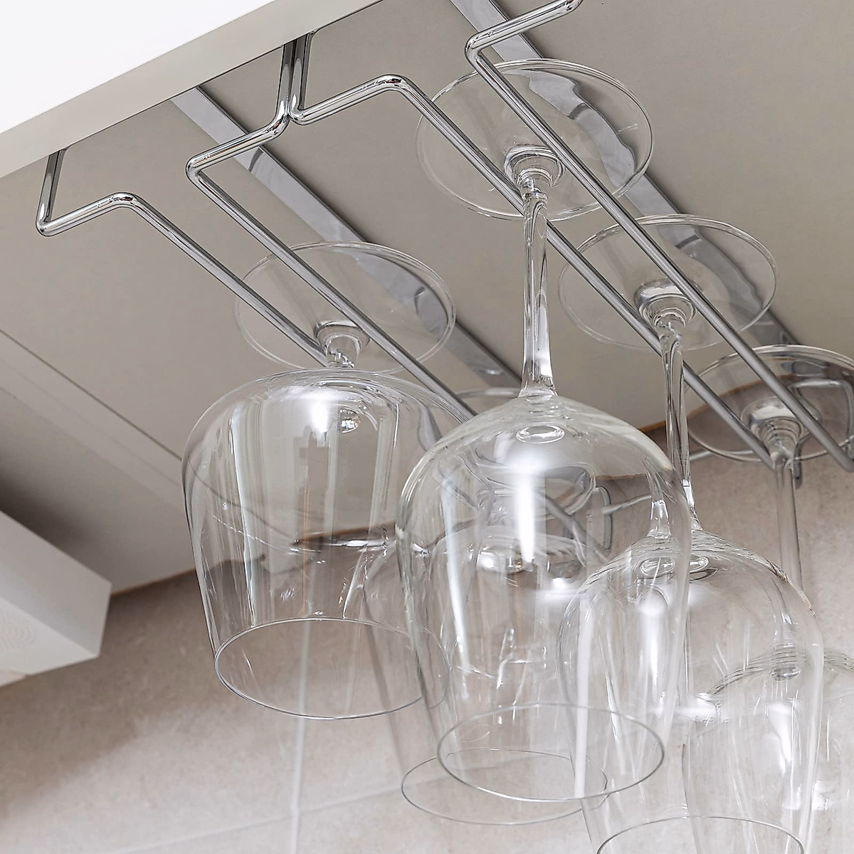 GOODSDECO Wine Glass Rack without Screw, Wine Glass Holder, Stemware Holder Under Cabinet, Stainless Steel Hanger, Glasses Storage Hanger for Kinchen Bar (2P)