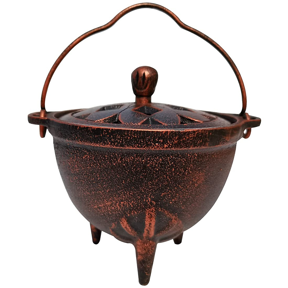 YIMIFLA Incense Burner Holder with Lid and Handle Cast Iron Cauldron 4.9" Frankincense Resin Charcoal Incense Burner Great for Yoga, Spa Aromatherapy, Smudging, Ritual & Blessings (Red Bronze)