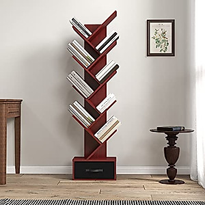 Panana Tree Bookshelf with Drawer, 8-Tier Wooden Storage Rack Wisdom Tree Book Holder Bookshelves Organizer for Living Room, Bedroom, Home Office (Cherry)