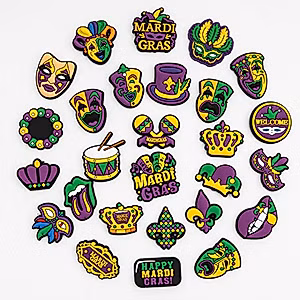 27 PCS Mardi Gras Croc Charms Fit for Clog Sandals Slippers, Mardi Gras Decorations Cute Croc Charms Mardi Gras Decor Mardi Gras Mask Favor Birthday Party Mardi Gras Gifts for Kids Men Women