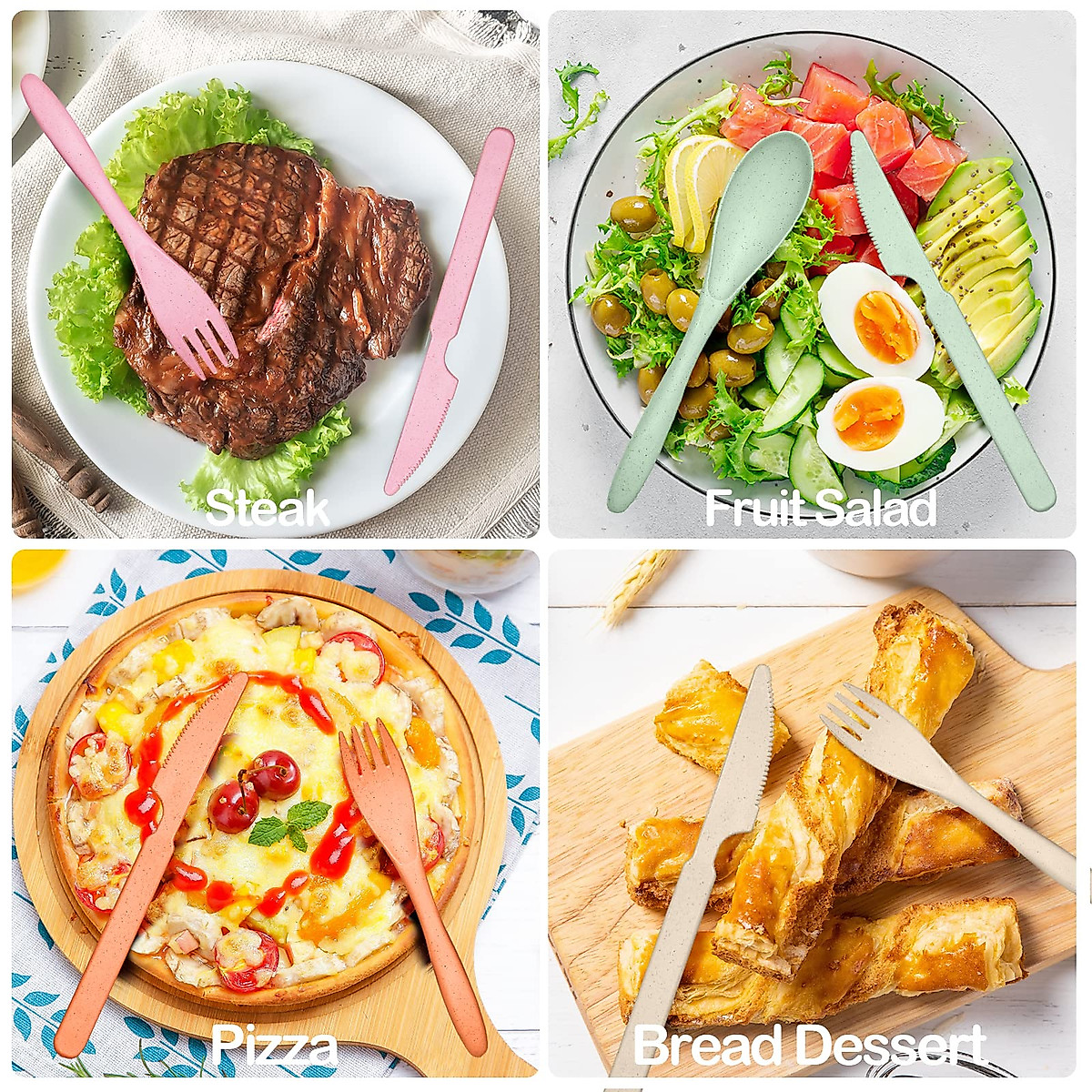 Reusable Travel Utensils Set with Case, 2 Sets Wheat Straw Portable Plastic Fork Spoons Knife Camping Cutlery, Eco-Friendly BPA Free Lunch Tableware for Kids Adults Travel Picnic Utensils