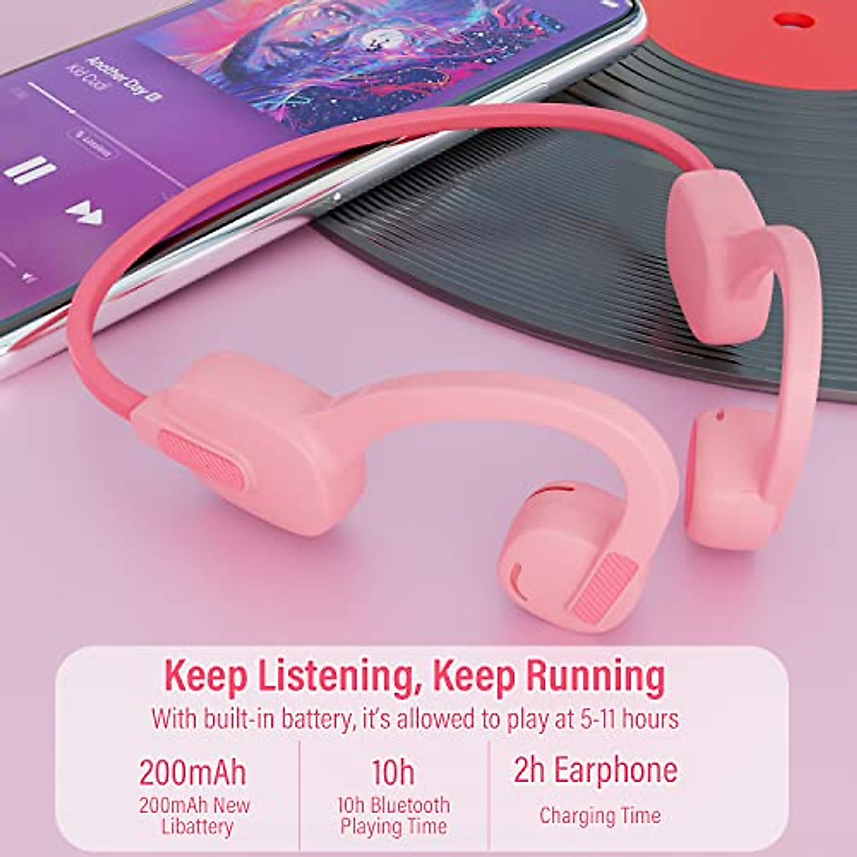 Yuanj Kids Wireless Bone Conduction Headphones, 5.2 Headphones for Kids Waterproof IPX5 Open Ear Headphones Sweat Splash Proof, Comes with 8G Memory 10 Hrs Music Play (Pink)