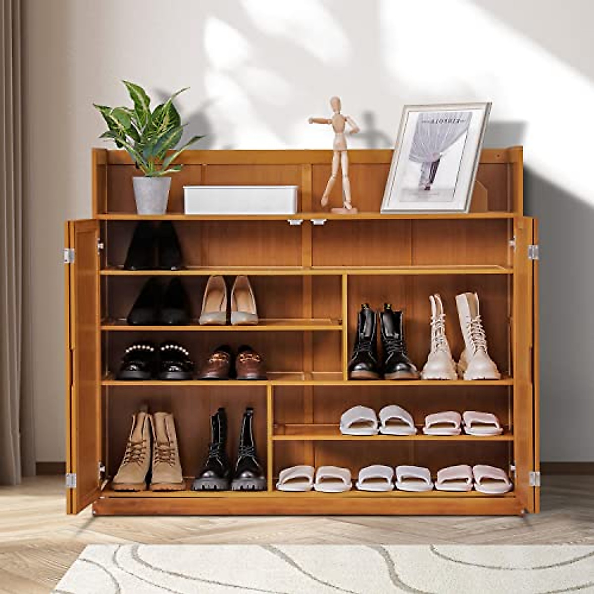 MoNiBloom 5 Tier Bamboo Shoe Cabinet with Doors, Bamboo Free Standing Shoe Shelf Organizer Storage w/High Baffle for 21-25 Pairs Entryway Hallway Office Home, Brown