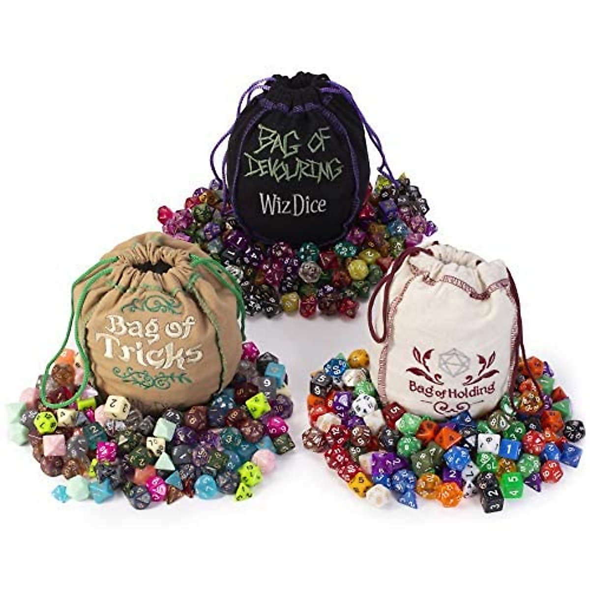 Wiz Dice DND Dice Set - 420 Pieces Total (60 Sets of 7 Dice in Unique Colors) & Storage D&D Dice Bag-Polyhedral Role Playing Dice - Perfect DND Accessories for TTRPG Dice Games - Set of 3 Bags