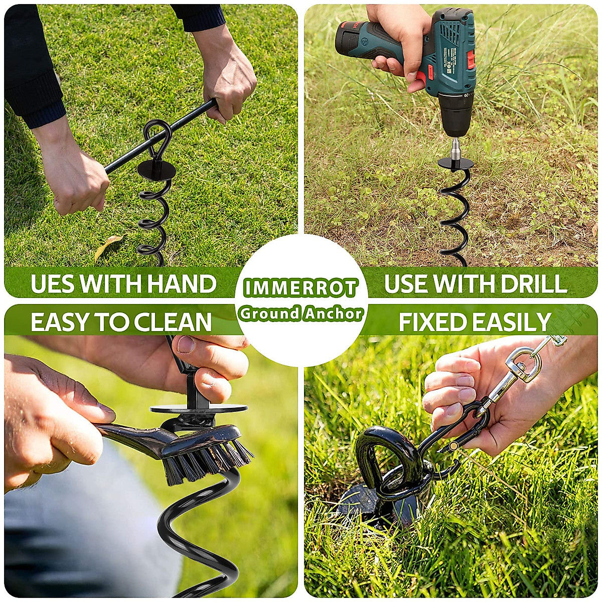 IMMERROT 6 PCS 15.3 Inch Ground Anchors Heavy Duty for High Winds Screw in Earth Anchor Swing Set Spiral Auger Stakes Suitable for Tent Trampoline Tree Garden Fence Sheds Swingset, Easy Use with Drill