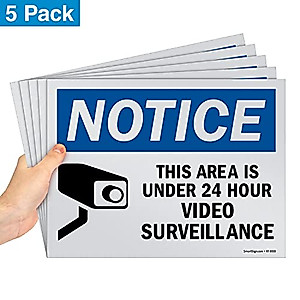 SmartSign (Pack of 5) 9 x 12 inch “Notice - This Area Is Under 24 Hour Video Surveillance” Sign, Screen Printed, 10 mil Polystyrene Plastic, Blue/Black on White