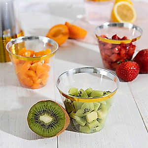 PLASTICPRO 9 oz Disposable Plastic Party Cups,Old fashioned Designed Tumblers, With gold Rim 100 Count, Crystal Clear