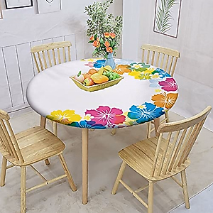 Luau Elastic Edged Polyester Fitted Table Cover,Vibrant Colorful Border Design Blossoming Print Round Fitted Tablecloth, XLarge, Fit Round Tables up 59"-63" Diameter, for Wedding Party Dining Banquet