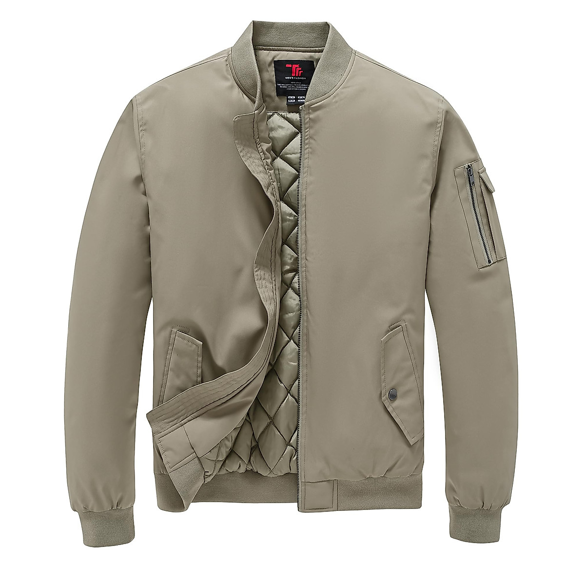 TBMPOY Men's Bomber Jacket Lightweight Winter Windbreaker Zip Up Padded Softshell Windproof Water-Resistant Casual Fall Coat Khaki L