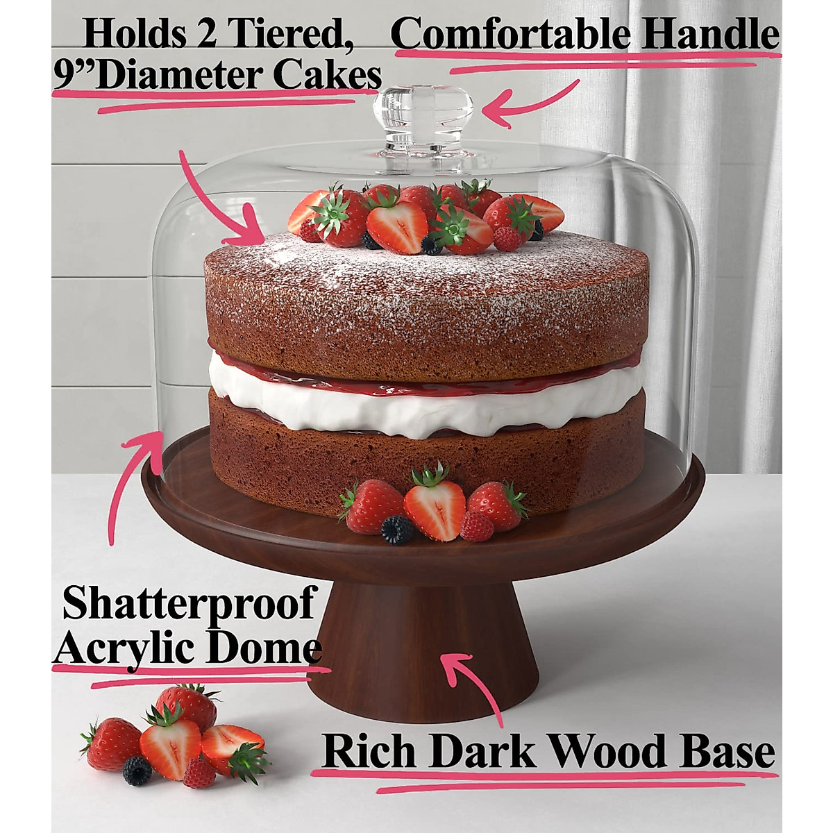 Wood Cake Stand with Dome - 11.5"D Wooden Cake Stand with Acrylic Shatterproof Dome - Cake Display Stand with Cover - Covered Cake Stand with Lid - Pastry Stand with Dome - Large Cake Stand with Cover