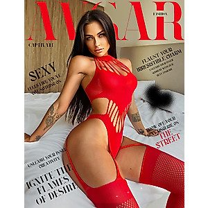 AVGAR Womens Fishnet Bodystocking Sexy Exotic Lingerie One Piece Lace Bodysuit Footless Stocking, Red