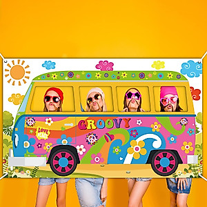 60's Hippie Bus Photo Prop 60s Party Decorations Large Fabric Retro Groovy Van Prop Hippie Selfie Frame Backdrop Background Banner Birthday Party Supplies Retro 60s 70s Party Favors 65.8 x 35.4 Inch