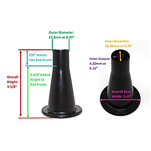 JSP Manufacturing Black Plastic 3-5/8” Bed Frame Feet/Glide Leg | Tall Cone Shaped Replacement Legs (4)