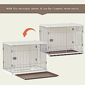 EMKK 34" Wooden Structure White Dog Cage Crate, End Table with Movable Salver, Dog House Cage Indoor Use, with Wide Table Top,Dog Crates for Large Dog Mental Wire Crates Dog Kennels Pet Dog Cage Crate