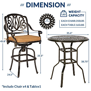 SOCIALCOMFY 5 Piece Bar Height Patio Dining Set, All Weather Cast Aluminum Swivel Bar Stools Chair Set of 4 and 35.4" High Bar Table W/Umbrella Hole, Outdoor Bar Table & Chairs Set for Deck Garden