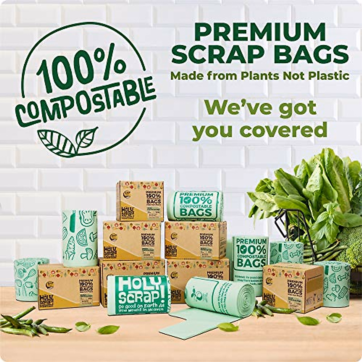 Holy Scrap! Compostable Trash Bags 8 Gallon - Pack of 50 - Trash Bags Medium/Small - Garbage Kitchen Compost Bags - Eco Friendly Trash Bags or Compost Bin Liner - Bio Compostable Bags