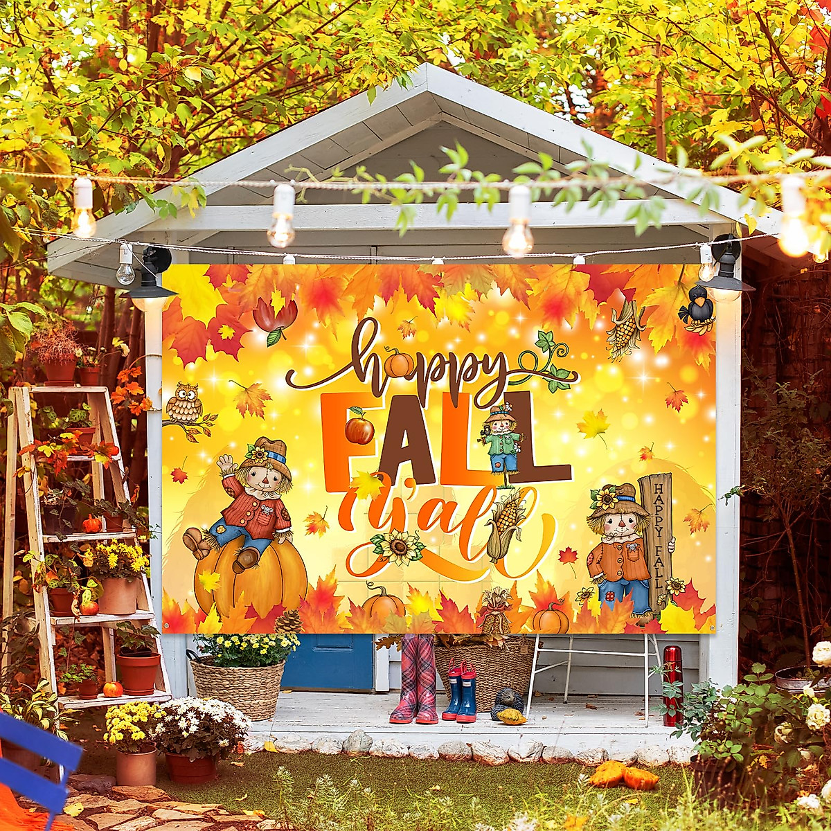 Happy Fall Y'all Backdrop-Scarecrow Party Decorations Thanksgiving Maple Leaves Pumpkin Banner Photo Background for Autumn Decor