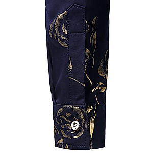 ZEROYAA Men's 3D Golden Rose Printed Slim Fit Long Sleeve Button Down Floral Dress Shirts ZZCL30 Navy Blue Small