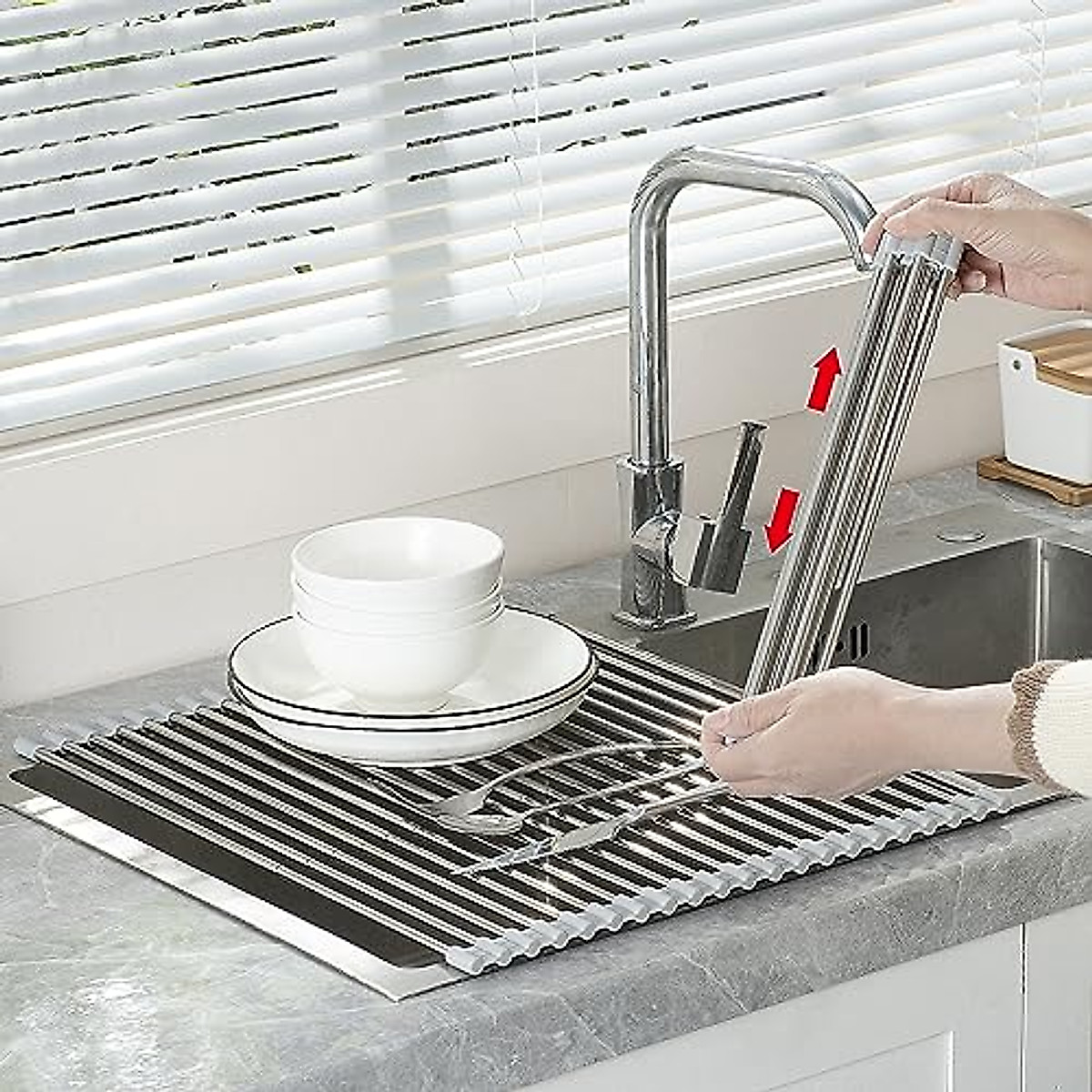 CSUNNUFA Roll Up Dish Drying Rack, 12"-21" Expandable Over The Sink Dish Drying Rack Sink Dish Drainer, Portable Stainless Steel Rolling Drying Rack for Kitchen Sink (21"x14.6", Grey)