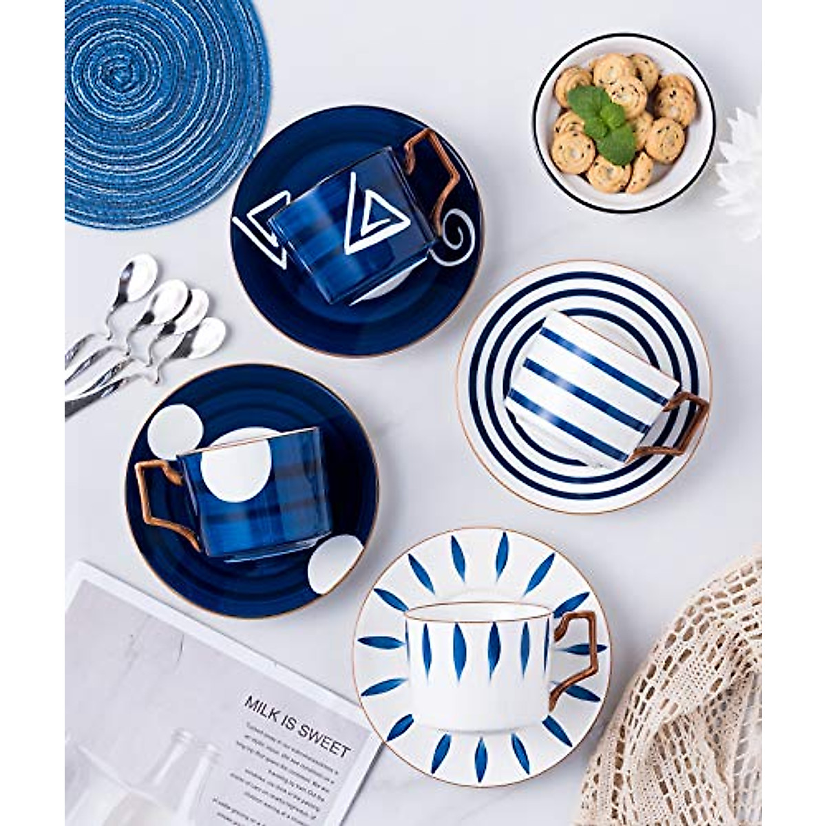 Jusalpha Japanese style hand printed- 7oz Fine China Tea Cup/Coffee Cup With Spoon and Tray/Saucer Set, Tableware, Serve of 4, TCS25