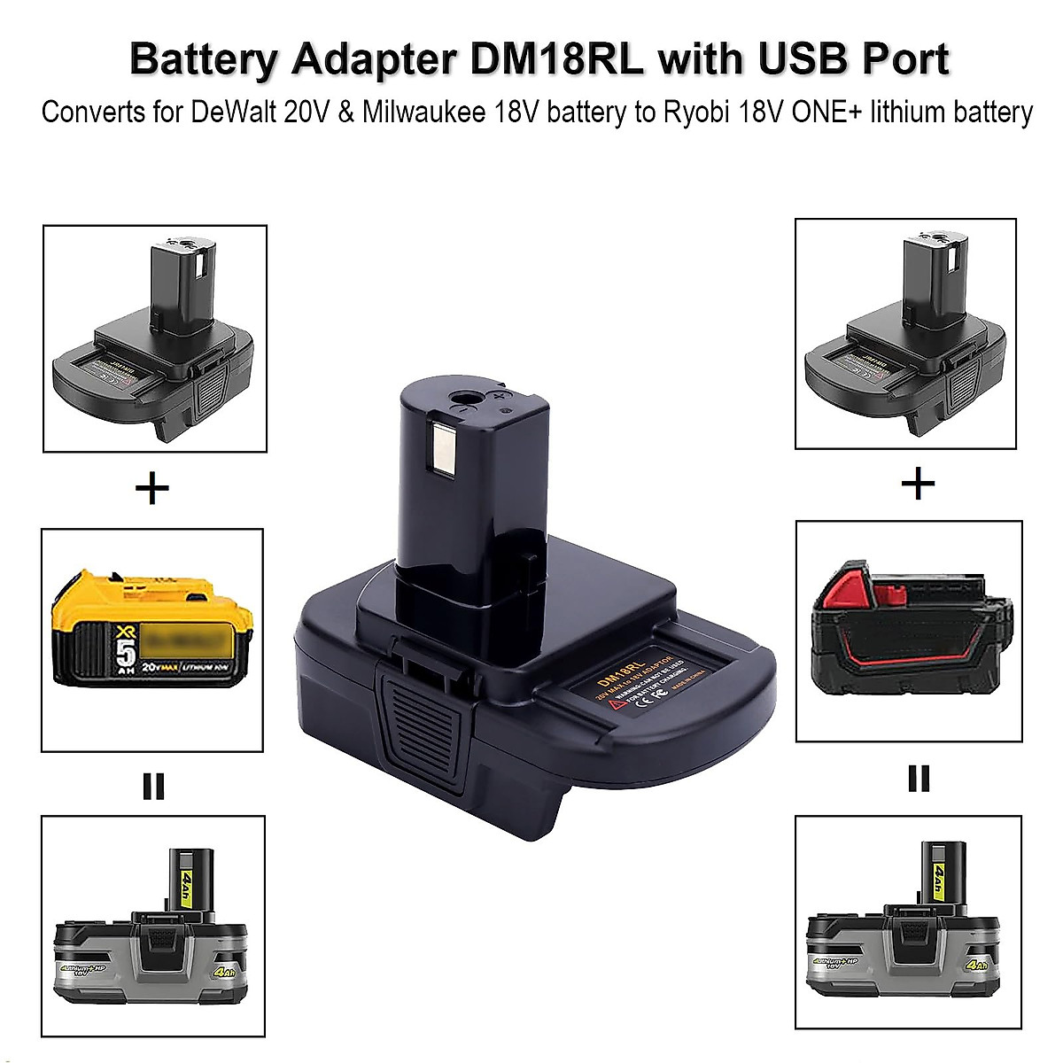 Battery Adapter with USB Port for Dewalt to Ryobi Battery&for Milwaukee to Ryobi Battery,Convert Dewalt 20V/Milwaukee 18V Battery to Ryobi 18V One+ Lithium-ion Battery(Only DM18RL Adapter)